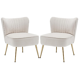 ABET Accent Chairs Set of 2, Velvet Armless Living Room Chairs with Tufted Wingback Thicken Cushion Gold Metal Legs, Comfy Upholstered Side Chairs Slipper Chairs Club Chairs for Bedroom, Beige