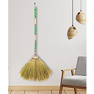 Natural Grass Broom for Sweeping Indoor and Outdoor with Brush Power and Circle Cleaning House, Kitchen, Office,Handmade Broom, Embroidered Woven,Housewarming Gifts Asian Broom 40 inch
