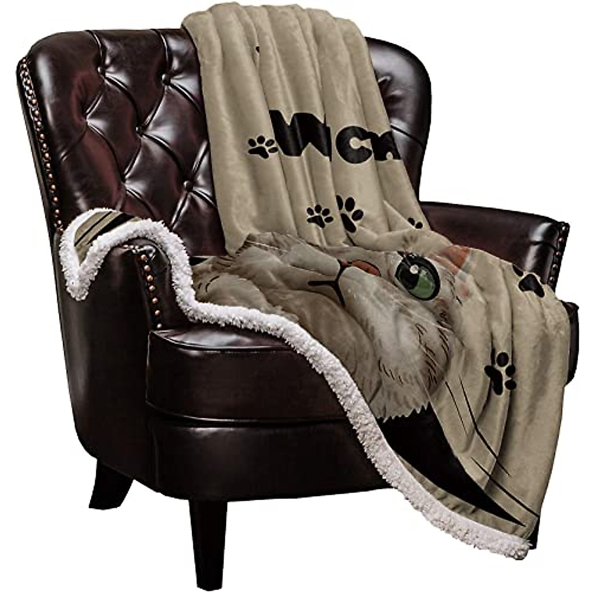 ERXPOOD Sherpa Fleece Throw Blanket Cartoon Cute Cat with Butterfly Fuzzy Flannel Soft Throws, Microfiber Plush Warm Blankets for Bed Sofa Couch Black Paw Welcome Texts 50x80In