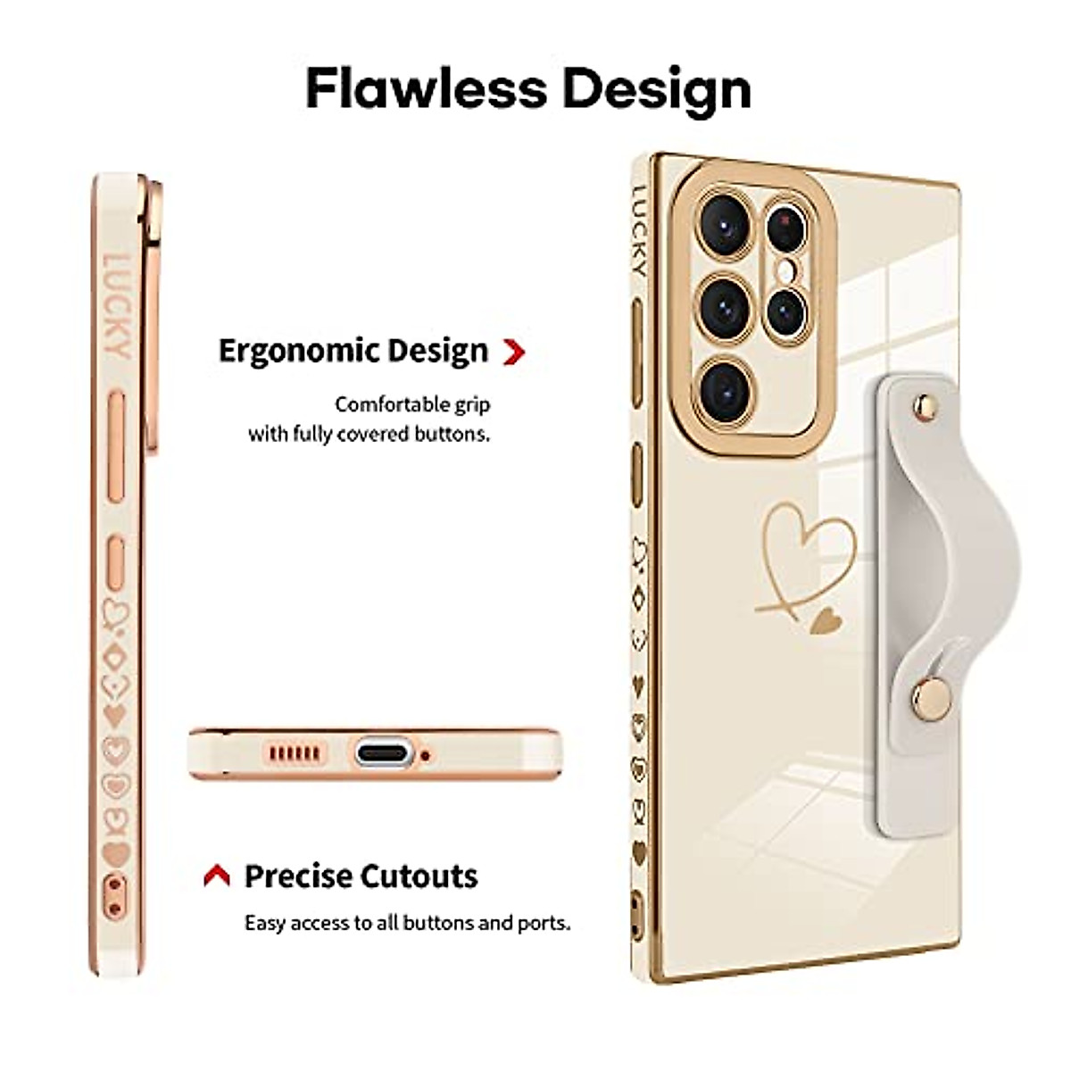 ZIYE Galaxy S22 Ultra 5G Luxury Electroplated Case with Strap Love Heart Plating Gold Bumper Cover for Women Girls Anti-Scratch Shockproof Back Phone Case for Samsung Galaxy S22 Ultra 5G 6.8 Inch