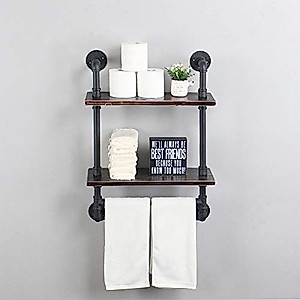 Murtain Industrial Pipe Bathroom Shelves 2-Tier Wall Mounted,19.7 Rustic Shelf with Bath Towel Bars,Farmhouse Rack,Metal & Wooden Floating Shelves,Over The Toilet Storage Shelf,Vintage Black