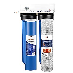 Aquaboon 2 Stage Whole House Water Filter System w/Wrench, Iron White Coated Bracket & Pressure Gauge & Release Button (1" Port) - 5 Micron 4.5 x 20 GAC Filter & String Wound Sediment Filter
