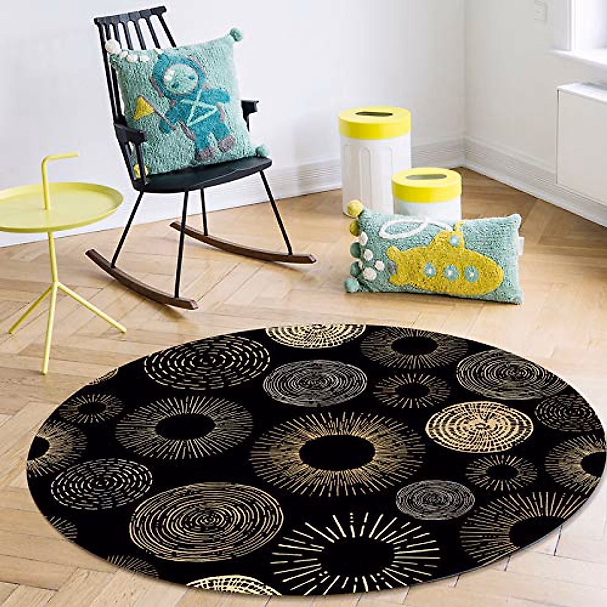 Round Area Rugs 4 Feet - Soft Indoor Throw Rugs Carpets for Living Dining Bedroom Kids Room Non-Slip Playroom Crawl Rug Floor Mats Golden Geometric Circles and Lines Texture Woman Yoga Mat