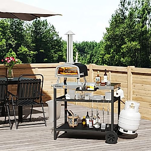 PIZZELLO Outdoor Grill Cart Three-Shelf Pizza Oven Stand Table with Wheels Dining Cart Table for Outside Patio, Movable Kitchen Cooking Prep Table BBQ Cart with 34"x 21" Stainless Steel Tabletop