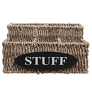MyGift Beige Woven Seagrass Multipurpose Storage Basket 4 Compartment Organizer with STUFF Label, Desktop Mail Holder, Office Supplies Accessories Holder and Pencil Cup