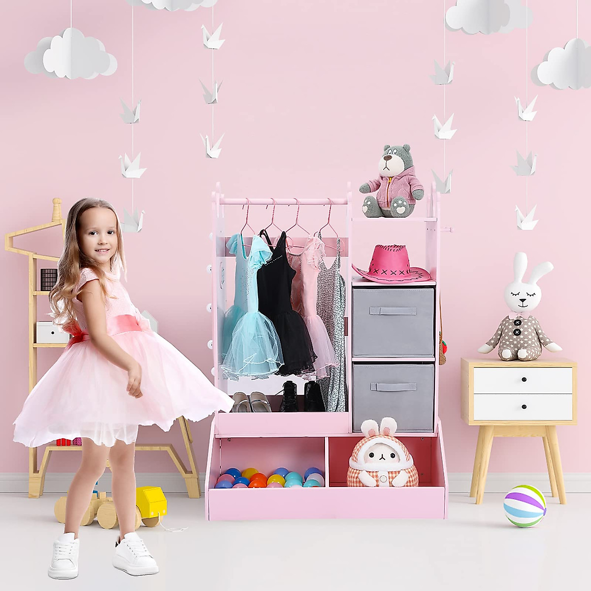 Pink Dress-Up Storage for Girls - Includes Light, Mirror, Clothing Rack with Bin, and Open Hanging Armoire Closet