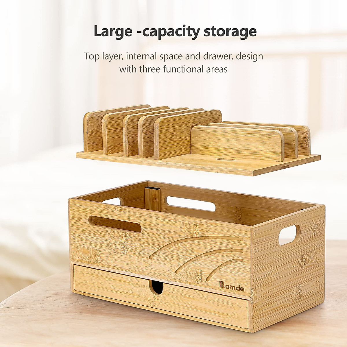 Homde Natural Bamboo Charging Station Rack for Multiple Devices Cable Cord Management Box Organizer Holder with 6 Slots Drawer for Chargers Phones Tablets Watches Electronics (Natural)