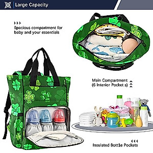 St Patrick's Day Clover Leaves Diaper Bag Backpack for Baby Boys Girls Baby Essentials Travel Tote with Stroller Straps & Bottle Storage Large Travel Diaper Backpack for Shopping Hiking Traveling