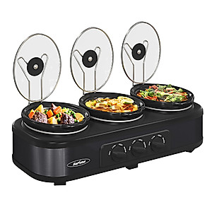 Sunvivi Triple Slow Cooker Buffet Servers and Warmer,3 Pot Food Small Mini Manual Slow Cooker with Adjustable Temp Stainless Steel Lid Rests,Removable Ceramic Pot,4.5 QT Black