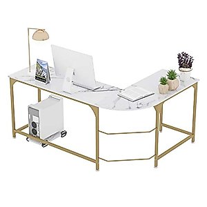 Teraves Reversible L-Shaped Desk Corner Gaming Computer Desk Office Workstation Modern Home Study Writing Wooden Table (Large, White Marbling+ Gold Frame)