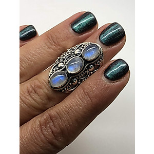 Koral Jewelry Moonstone 3 Stones Ethnic Vintge Look Multi Stone Ring 925 Sterling Silver Vintage Tribal Gipsy Boho Chic (8)