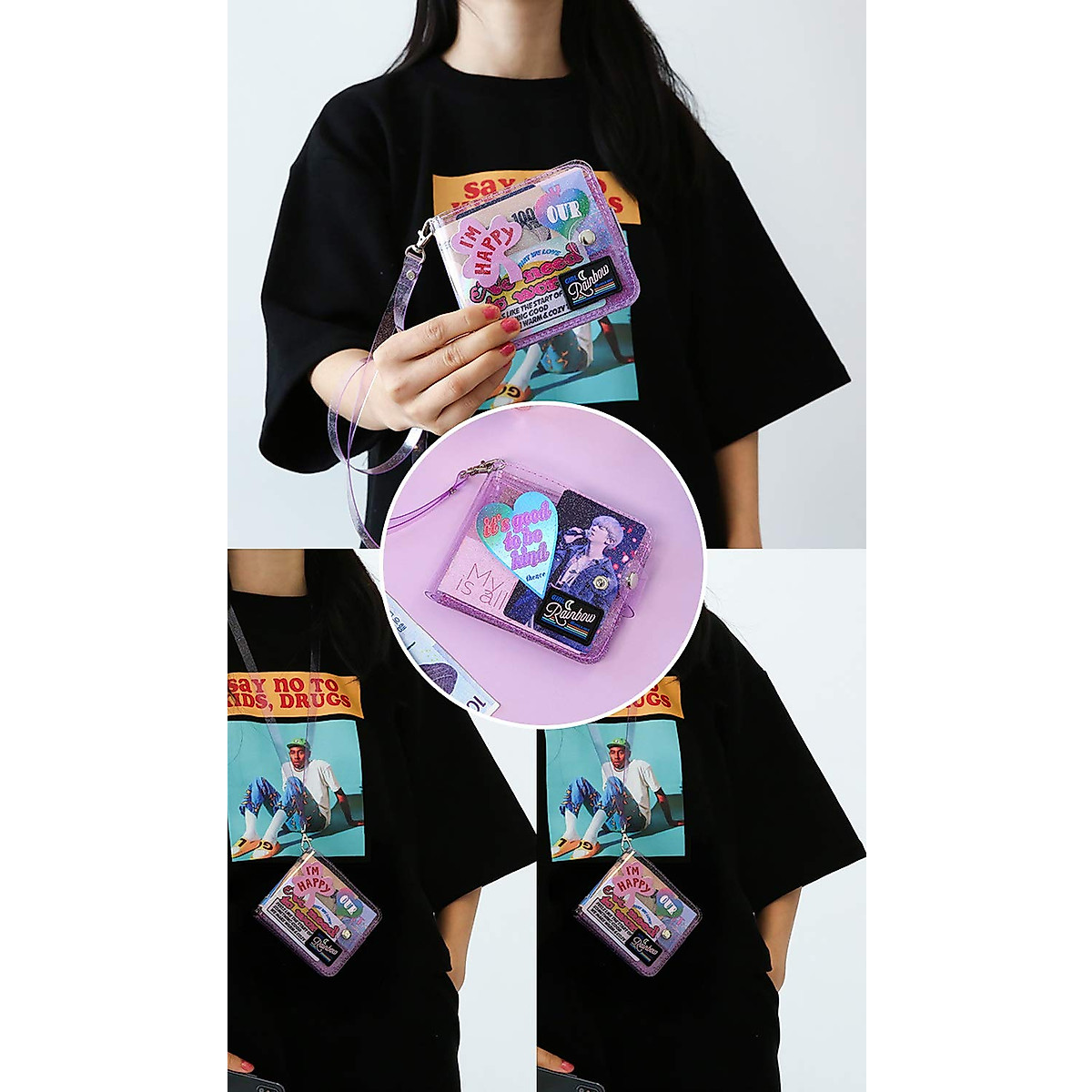 Women Girls Jelly Bifold Wallet Purse Coin Pouch Clear ID Card Holder Case with Detachable Neck Lanyard Strap for Photocards