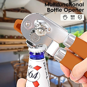 Can Opener Manual, Can Opener with Magnet, Hand Can Opener with Sharp Blade Smooth Edge, Handheld Can Openers with Big Effort-Saving Knob, Can Opener with Multifunctional Bottles Opener, Orange