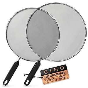 BINO 2-Piece Stainless Steel Splatter Screen with Handle Set - Black | Oil & Grease Skillet Guards | Bacon Screen Splash Protector | Frying Screen | Mesh Splatter Screen | Kitchen Cookware Essentials