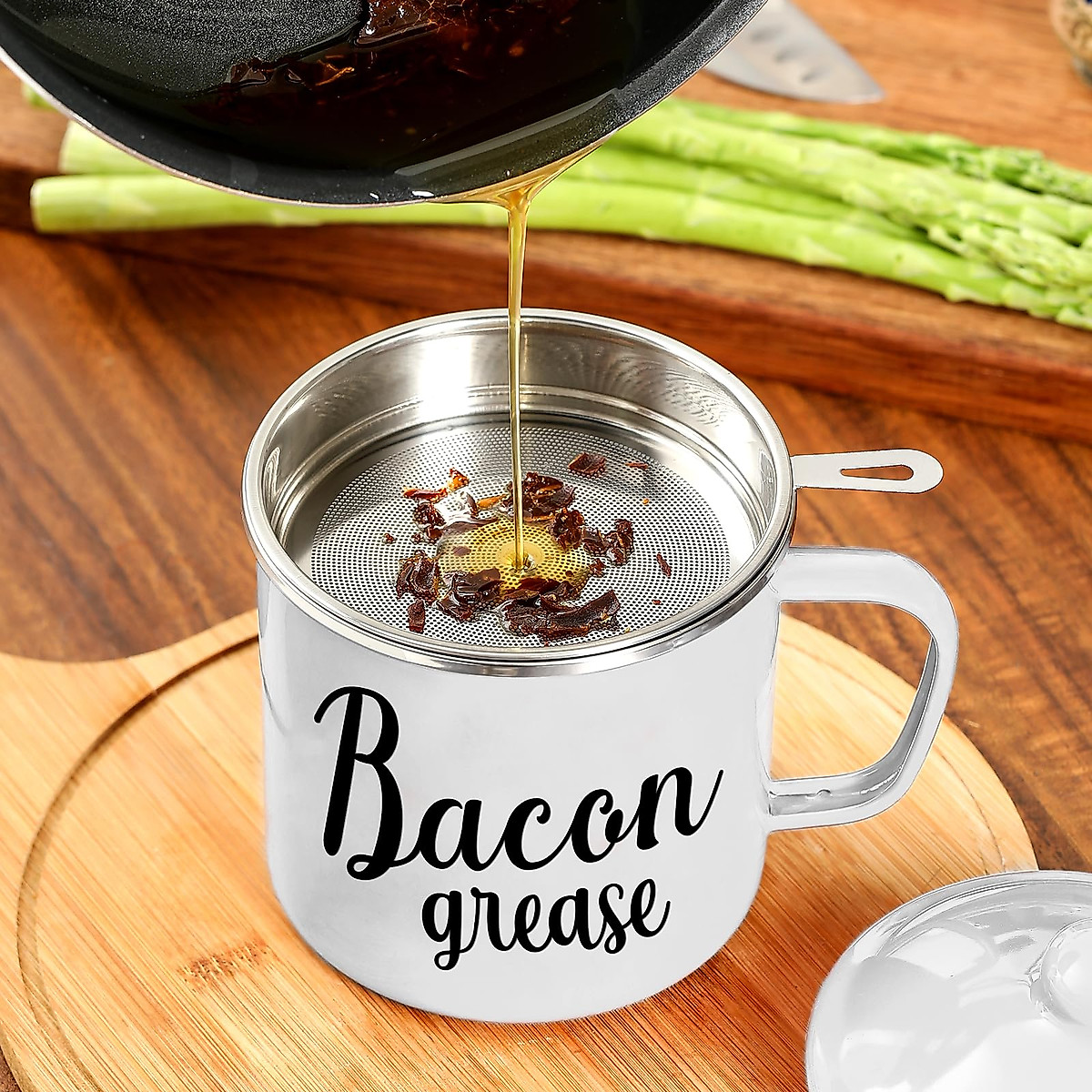 VITEVER 46OZ LARGE Bacon Grease Saver with Fine Mesh Strainer & Handle - Enamel Oil Keeper Container, Bacon Fat Dripping Can - Farmhouse Kitchen Gift & Decor Cooking Accessories - White, Style 3