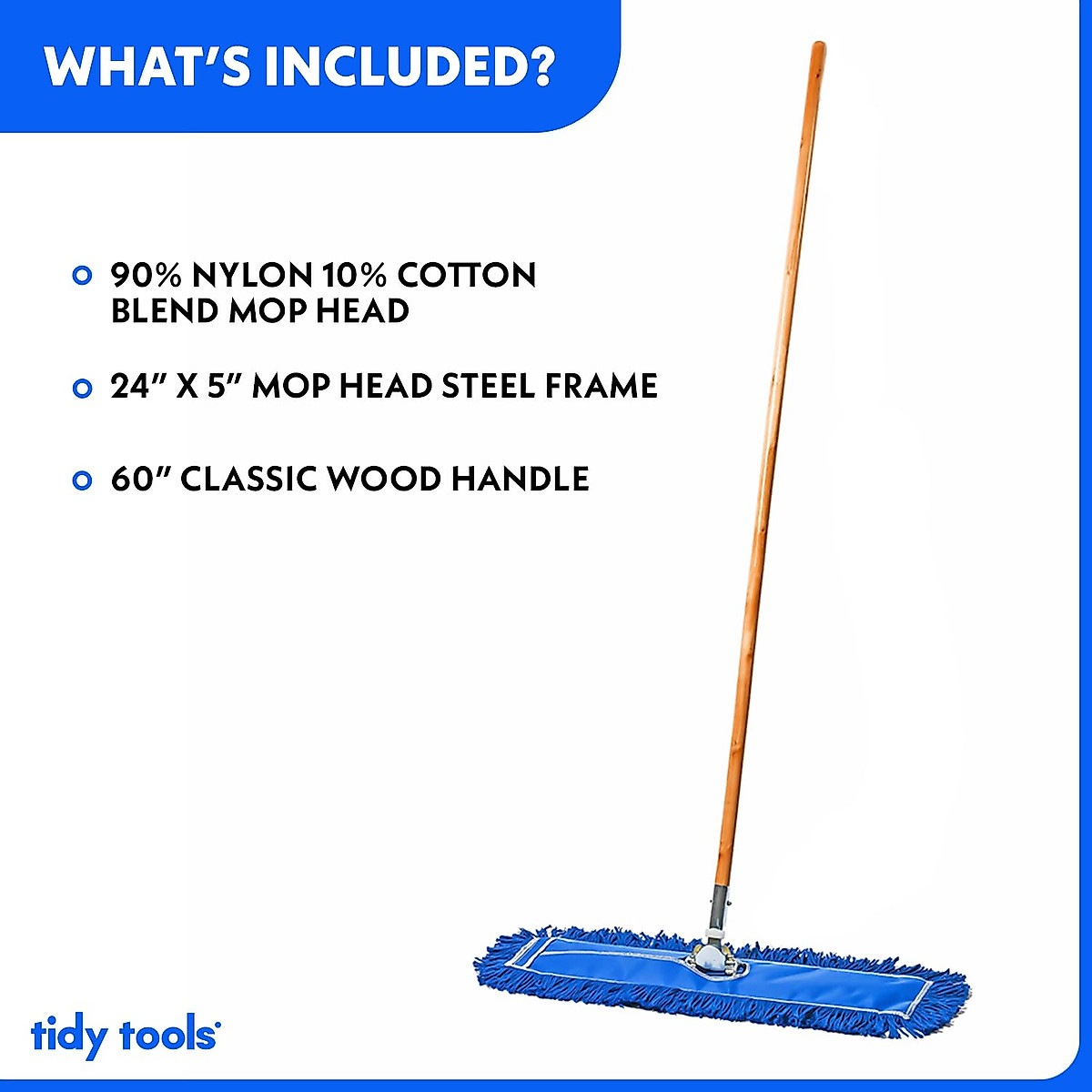 Tidy Tools Commercial Dust Mop & Floor Sweeper – 24 x 5 in. Cotton Nylon Reusable Mop Head, 63 in. Wooden Broom Handle – Industrial Dust Mops for Floor Cleaning & Janitorial Supplies, Blue