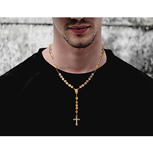Savlano 14K Gold Plated Beaded Rosary Cross Necklace – 6.5MM Crucifix Cross Medallion Rosary Chain Y-Necklace for Women & Men Religious Jewelry Comes in Gold, Gold-Rose-Silver with a Gift Box (Tricolor)