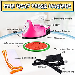 Mini Iron Mini Heat Press Portable Handy Heat Press Heat Transfer Machine with Mesh Cloth Pressing Cloth Pad Silicone Pad, Charging Base Accessories for T Shirt Shoe Bag (Rose Red)