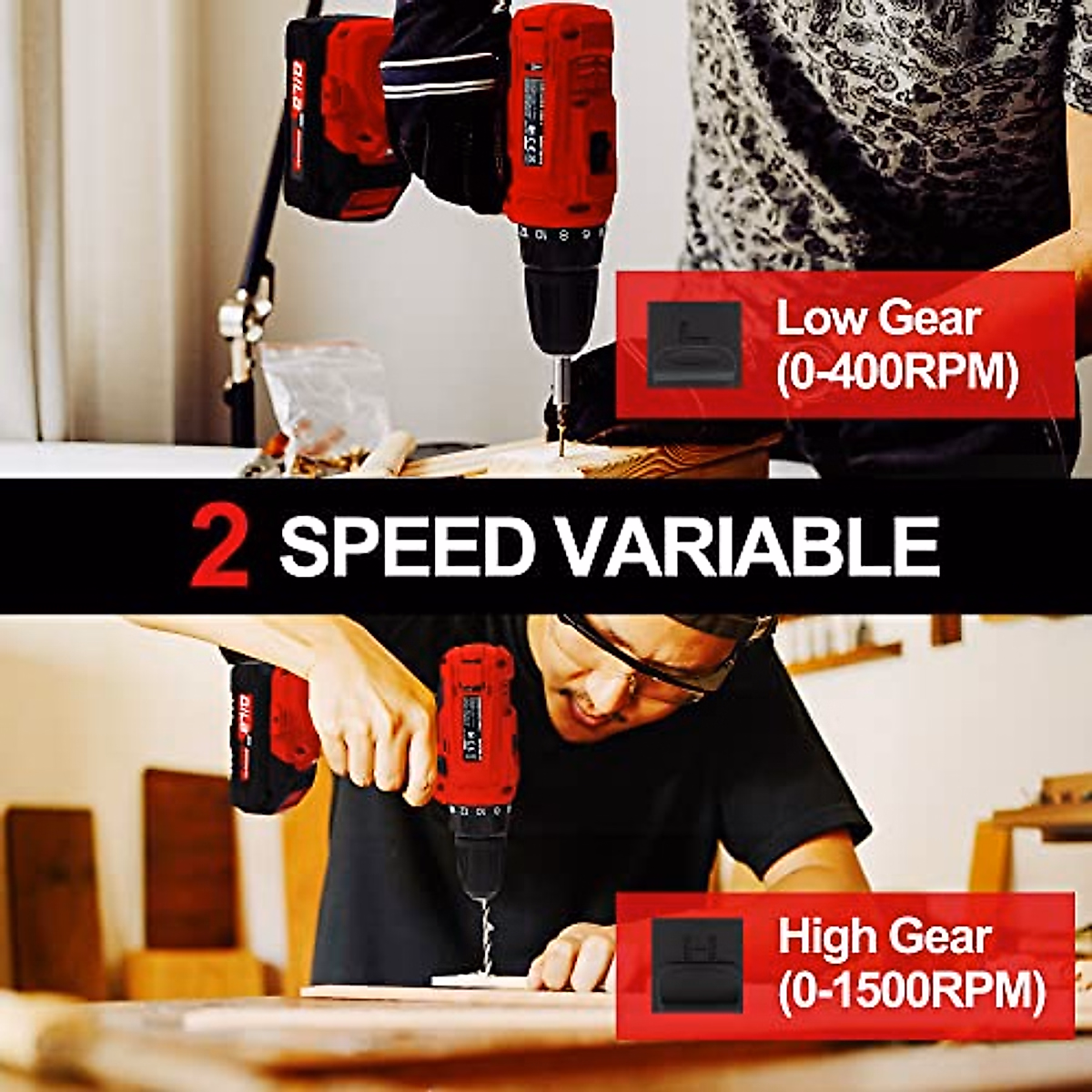 QILA 20V MAX Cordless Drill and Driver, 3/8'' Keyless Chuck, Power Drill Cordless Set with 2.0Ah Battery & Charger, Electric Drill with Variable Speed, 2 Variable Speed, 18+1Position, 22pcs Drill Bits