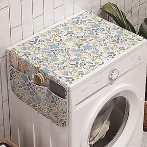 Ambesonne Botanical Washing Machine Organizer, Wildflowers and Berries Scattered, Anti-slip Fabric Top Cover for Washer Dryer, 47" x 18.5", Blue Grey