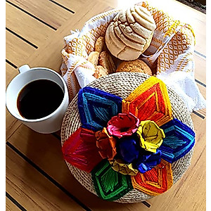 Jacq and Jürgen Tortillero Sombrero and Pancake Handwoven Basket and Handloomed Tortilla Cloth 2 Pack Warmer Keeper Bundle 100 percent Palm Mexican Art - Multicolor (Multicolor3), Medium and Large.