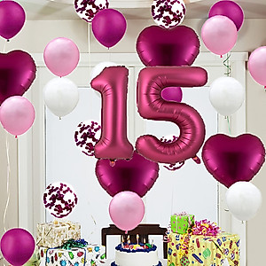 Sweet 15th Birthday Balloon 15th Birthday Decorations Happy 15th Birthday Party Supplies Burgundy Number 15 Foil Mylar Balloons Latex Balloon Gifts for Girls,Boys,Women,Men