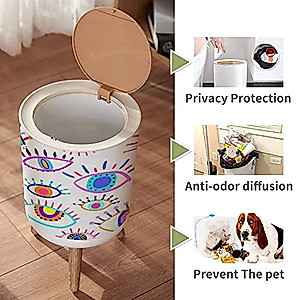 Small Trash Can with Lid Bright seamless with colorful eyes Texture for teenager girls Womens Garbage Bin Wood Waste Bin Press Cover Round Wastebasket for Bathroom Bedroom Kitchen 7L/1.8 Gallon