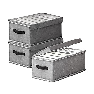 Ohlove 3Pcs Large Wardrobe Clothes Organizer with Lid, 6 Grids Foldable Stackable Fabric Drawer Organizer Dividers Storage Box for Jeans, Pants, T-shirts, Sweater, Scarves, Bras