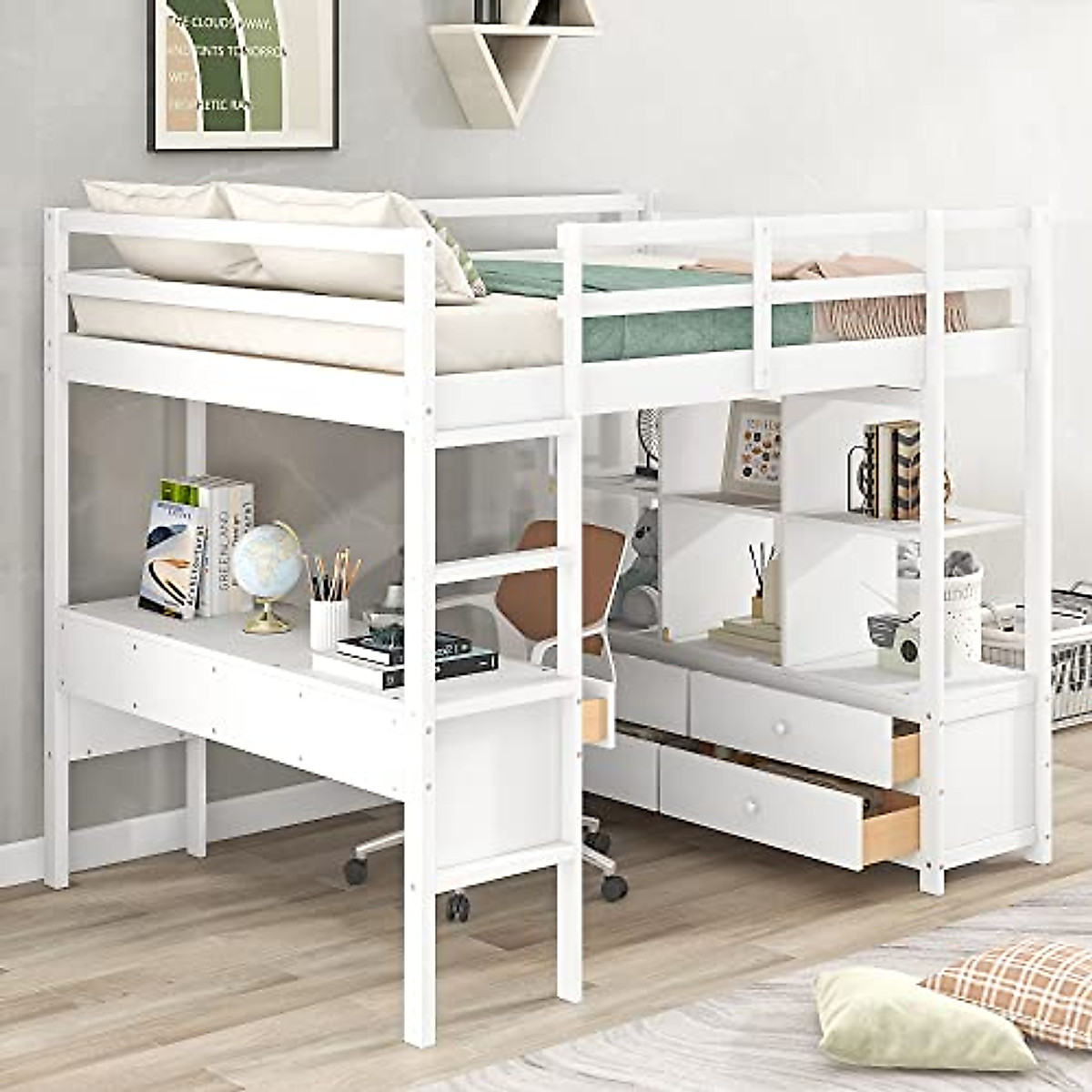 Quarte Multifunctional Full Size Solid Wood Loft Bed with Built-in Desk and Two Drawers,Storage Shelves,Guardrail and Built in Ladder,for Kids,Teens,Adults (White#L)