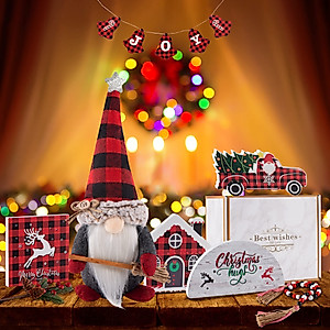 Christmas Tiered Tray Decorations Set - 13 Pcs Farmhouse Decor with Gnomes Plush, Wooden Signs, Bead Garland for Home Table