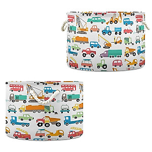 Construction Transports Theme Large Storage Basket for Toys Storage Bin Box Laundry Basket for Home Decor, Pet Toy, Blankets