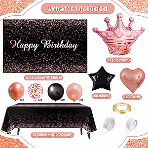 Black and Rose Gold Party Decorations, Rose Gold and Black Balloon Garland Kit with Birthday Backdrop Tablecloth for Women Girls Rose Gold Black Birthday Party Decorations Supplies
