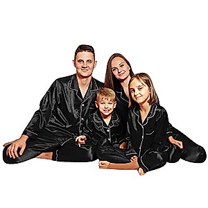 Christmas Pajamas for Family Silk Satin Matching Pajamas Couples Loungewear Festival Party Sleepwear with Button Kids Black