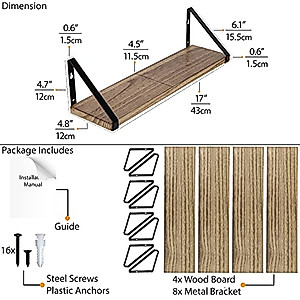 Wallniture Ponza 17"x4.5" Floating Shelves Wall Mounted Set of 4, Wall Shelves for Bedroom, Bathroom, Living Room, Kitchen, Natural Burnt Rustic Wood Wall Decor with Metal Floating Shelf Bracket