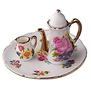 EatingBiting Collection Level 1:12 Elegant Flora Miniature Mini House Porcelain Tea Dish, Teapot, Cup, Plate Craft Set, DIY Scene Home Furniture Accessories