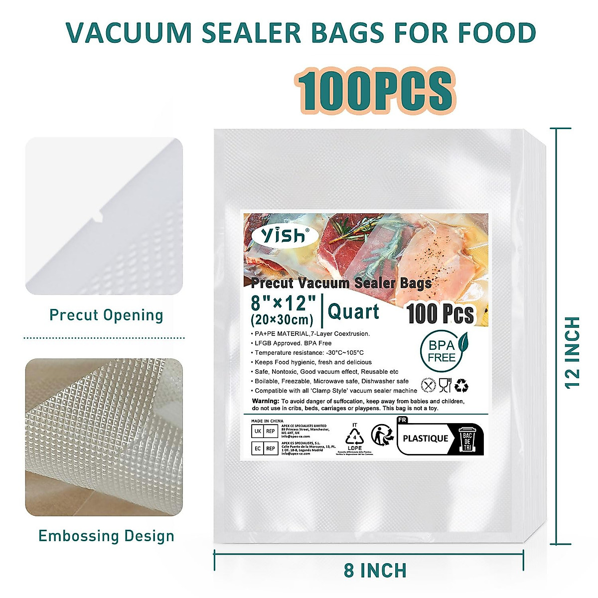 Vacuum Sealer Bags for Food: 100 Quart 8"×12" Precut Bags for Food Saver, Commercial Grade, BPA Free, Heavy Duty Food Sealing Bags for Storage, Meal Prep, Sous Vide