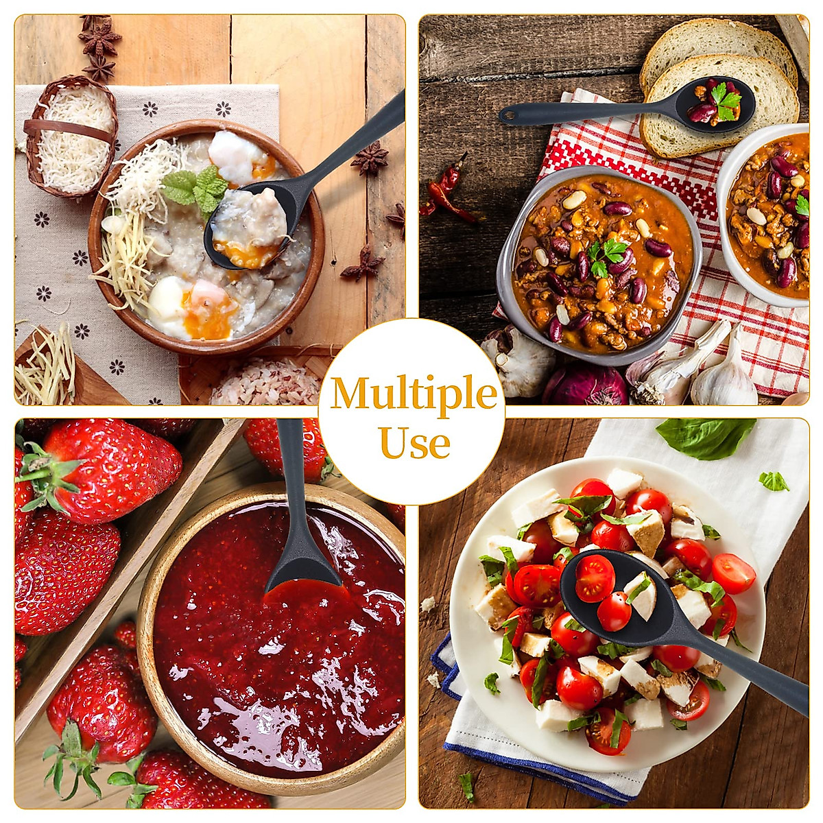 2 Pcs Silicone Nonstick Mixing Spoon, Silicone Spoons for Cooking Heat Resistant, Cooking Utensil for Kitchen Cooking Baking Stirring Serving (Black)