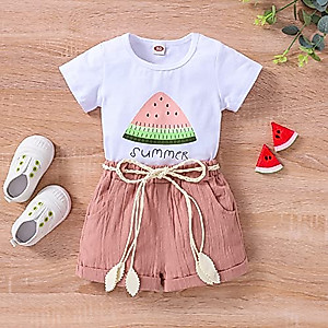 Aimaopao Toddler Baby Girls Summer Clothes Watermelon Print T-shirt Linen Short Sets With Belt Outfits for 1-5 Years Old (Watermelon Pink, 3-4T)