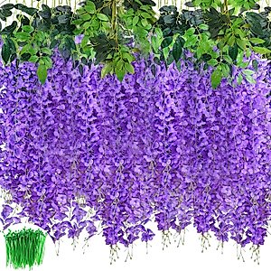 OrgMemory 24 Pack Artificial Wisteria Hanging Flowers Fake Wisteria Garland Silk Vines Ratta Lush Long Flower String for Home Room Wall Outdoor Garden Wedding Party Decorations (Purple)
