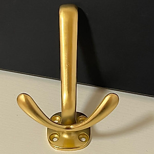 Big Heavy Duty Three Prongs Coat Hooks Wall Mounted with 8 Screws (Two Types of Screws Included) Retro Double Utility Rustic Hooks for Thick Coat, Big Heavy Bags (Brushed Brass)