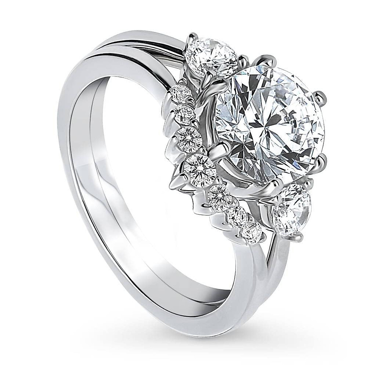 BERRICLE Sterling Silver 3-Stone Wedding Engagement Rings Round Cubic Zirconia CZ 7-Stone Ring Set for Women, Rhodium Plated Size 7.5