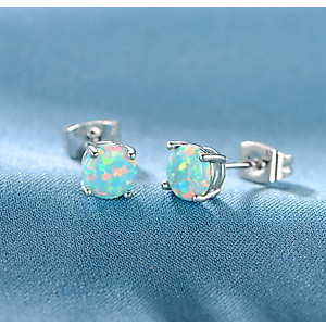 GEMSME 18K White Gold Plated Color 6mm Opal Stud Earrings Hypoallergenic Jewelry for Women (round)