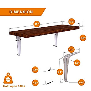 JAWU Set of 2 Pine Wood Floating Shelves - Decorative Hanging Farmhouse Rustic Shelves for Wall, Home, Kitchen, Bathroom, Bedroom - Wooden Shelf with L-Brackets, Screws, Plastic Plugs - 17x5.5x0.6