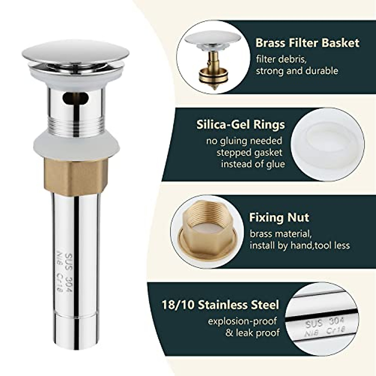Herogo Bathroom Sink Drain with Overflow, Stainless Steel Chrome Pop Up Drain Stopper with Detachable Built-In Anti-Clogging Strainer for Lavatory Vessel Vanity Sink Drain, Fits Standard Drain Hole