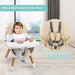 BABY JOY 5 in 1 High Chair, Convertible High Chairs for Babies and Toddlers/Booster Seat/Table and Chair Set, Infant Wooden Highchair w/ 5-Point Harness, 4-Position Removable Tray & PU Cushion (Khaki)