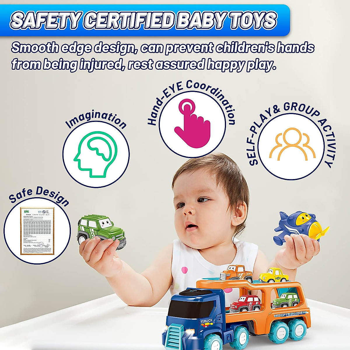 FGSOSO Toys for 1 2 3 4 5 Year Old Boy,7 in 1 Cartoon Vehicles Playset Carrier Car Toy Truck Transport Car with Lights and Melodys,Friction Power Push and Go Toys Car for Toddler Party Birthday Gifts