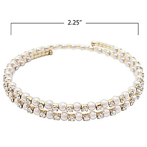 Rosemarie & Jubalee Women's Dainty Simulated Pearl And Crystal Rhinestone Flexible Wire Coil Wrap Around Cuff Bracelet, 13" (Gold Tone)