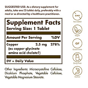 Solgar Chelated Copper, 100 Tablets - Essential for Collagen Formation - Highly Bioavailable Form - Supports Connective Tissue - Non-GMO, Vegan, Gluten Free, Dairy Free, Kosher - 100 Servings