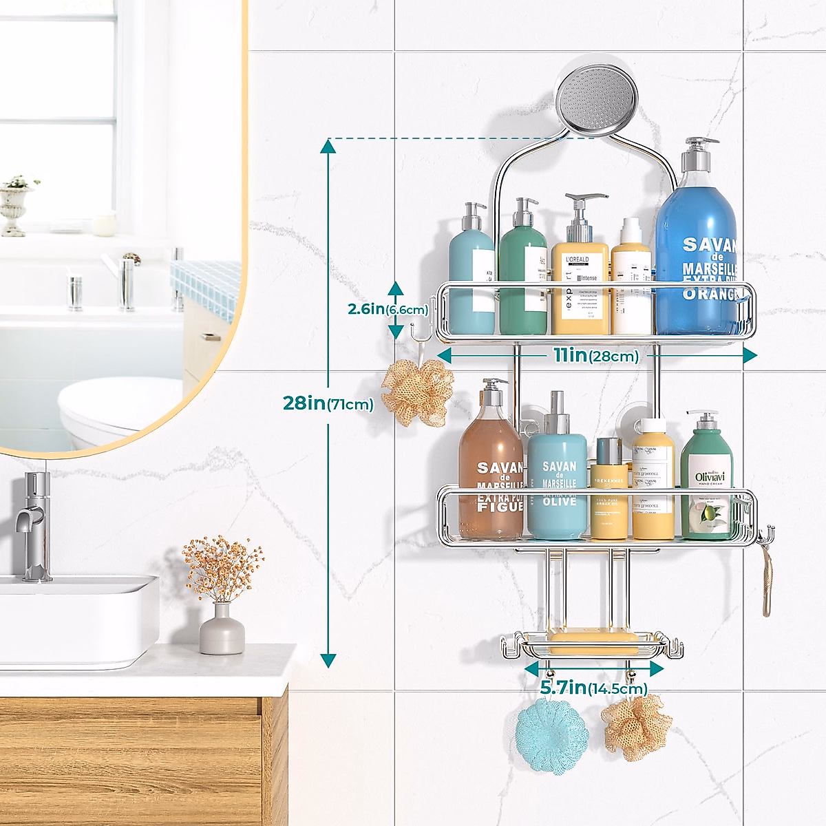 HAMITOR Adjustable Large Shower Organizer with Soap Holder - Rust Proof Bathroom Shelf Shampoo Storage Rack with 3-Tier Baskets - 4 Movable Hooks for Razor Loofah Silver