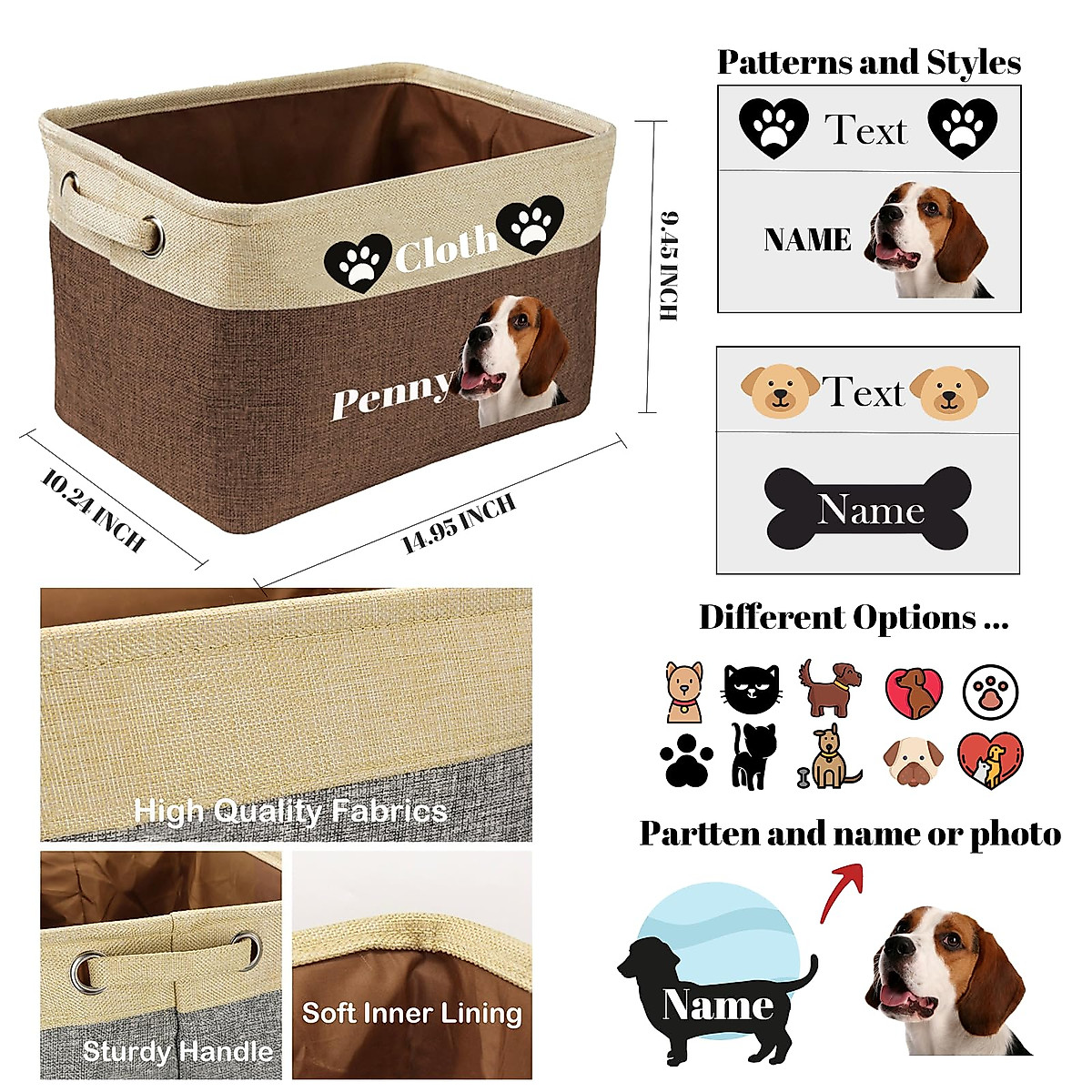 JCYIF Personalized Dog Toy Basket Custom Dog Toy Box with Pet's Name Dog Storage Organizer Collapsible Cute Basket with Handles-Dog